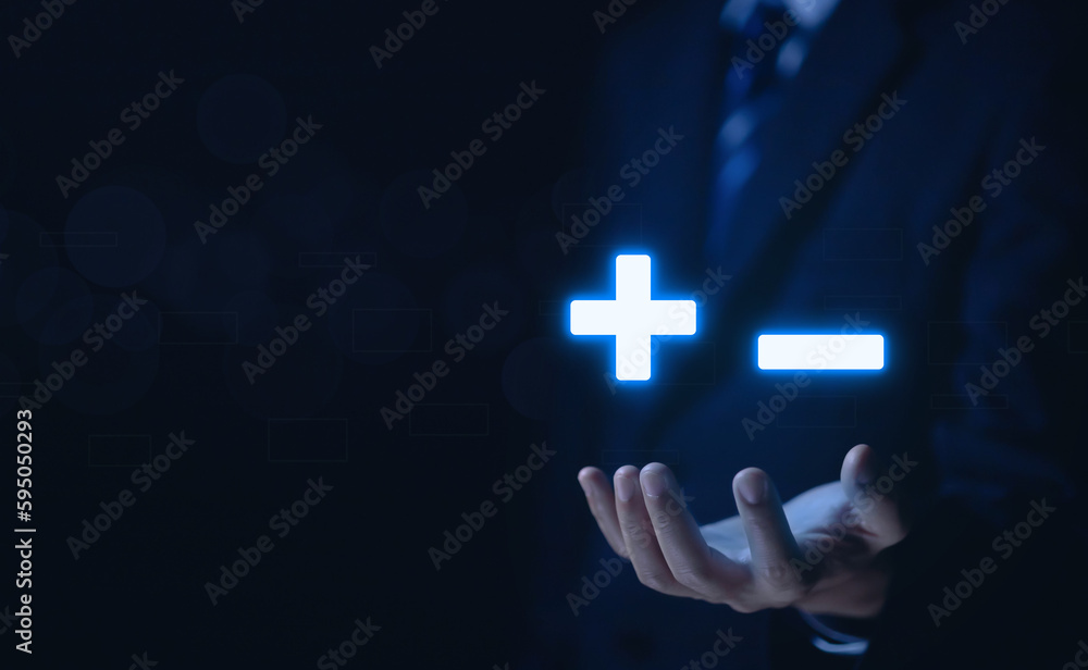 hand show plus and minus symbols. The concept of opposites, decisions ...
