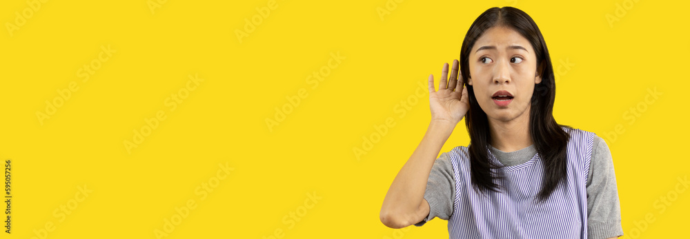 Asian woman eavesdropping or overhearing secret conversation isolated ...