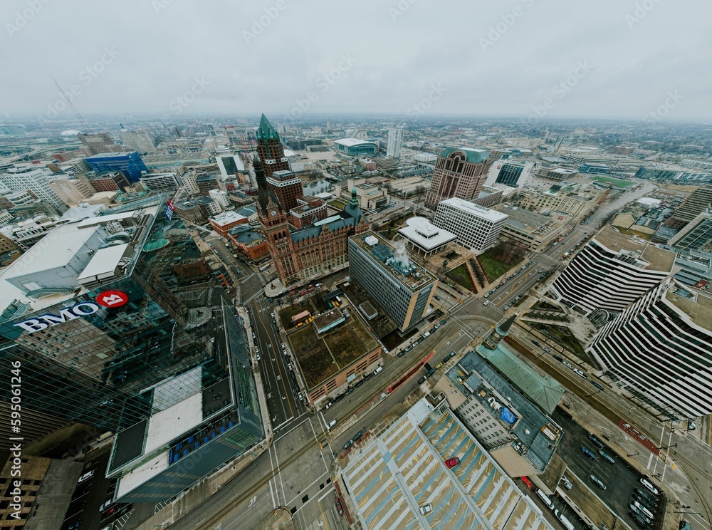 Scenic aerial view of an urban cityscape in Milwaukee Wisconsin, in a ...