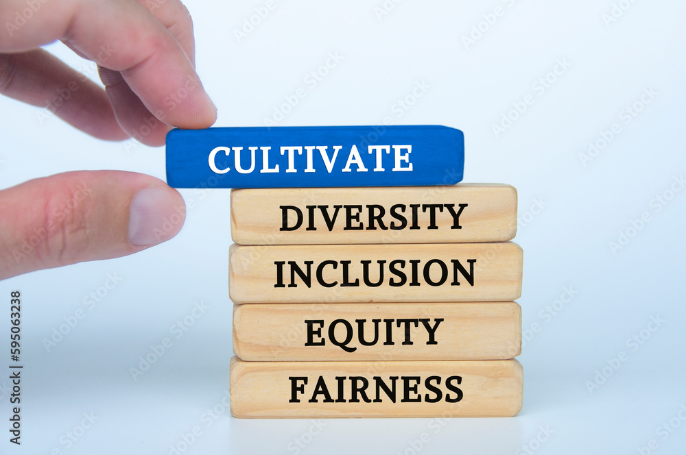 Poster Hand holding blue wooden block with text - cultivate diversity ...