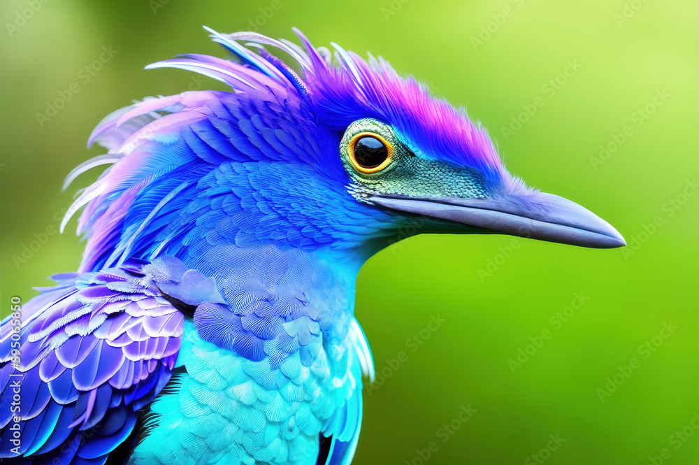 Fantasy bird with blue and purple feathers on a green blurry background ...