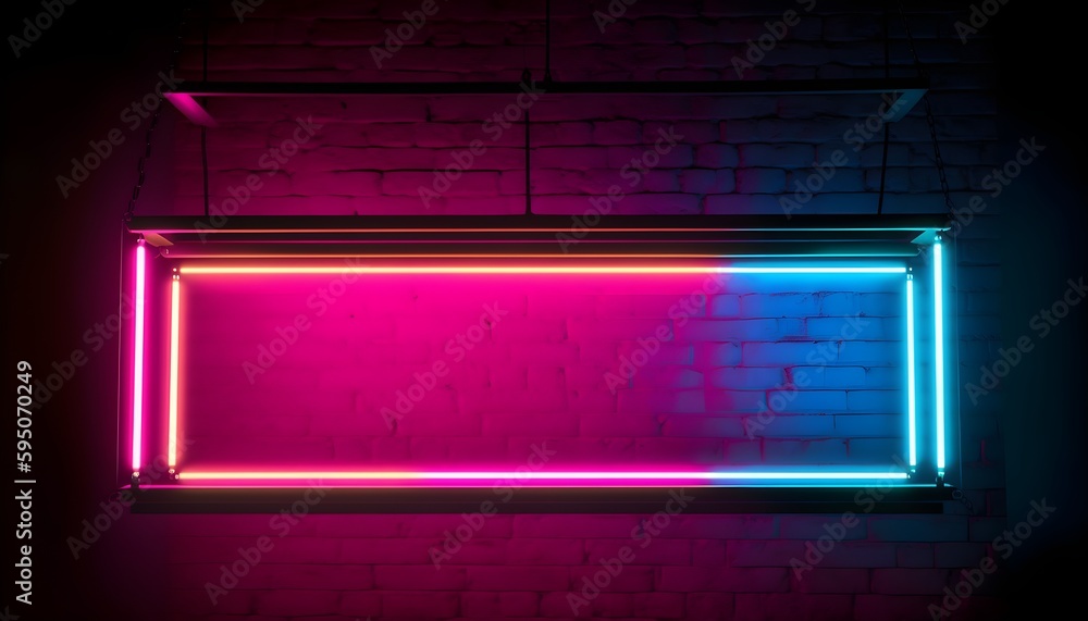 Hanging bright purple and blue rectangle neon light sign, background ...