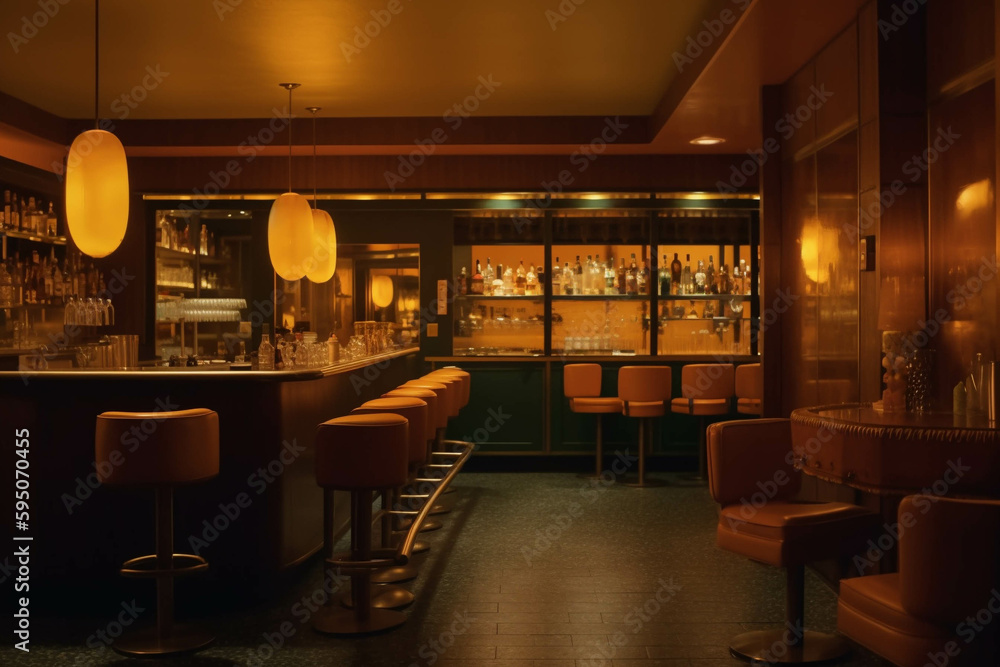 Fancy restaurant and bar. Dark yellow color palette. Centered ...
