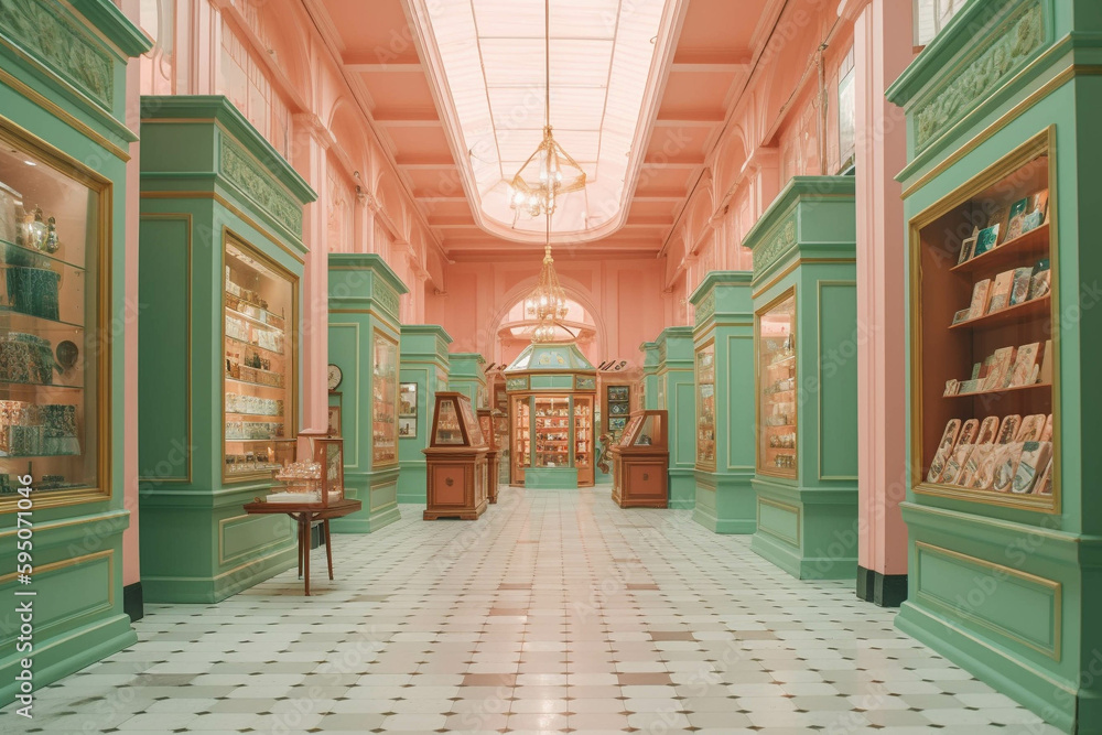 fancy retail shopAesthetic pastel color palette. Centered perspective ...