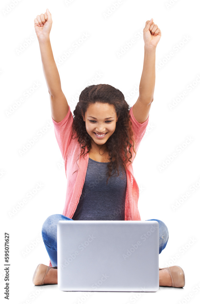 Success, winning and woman on laptop isolated on transparent, png ...
