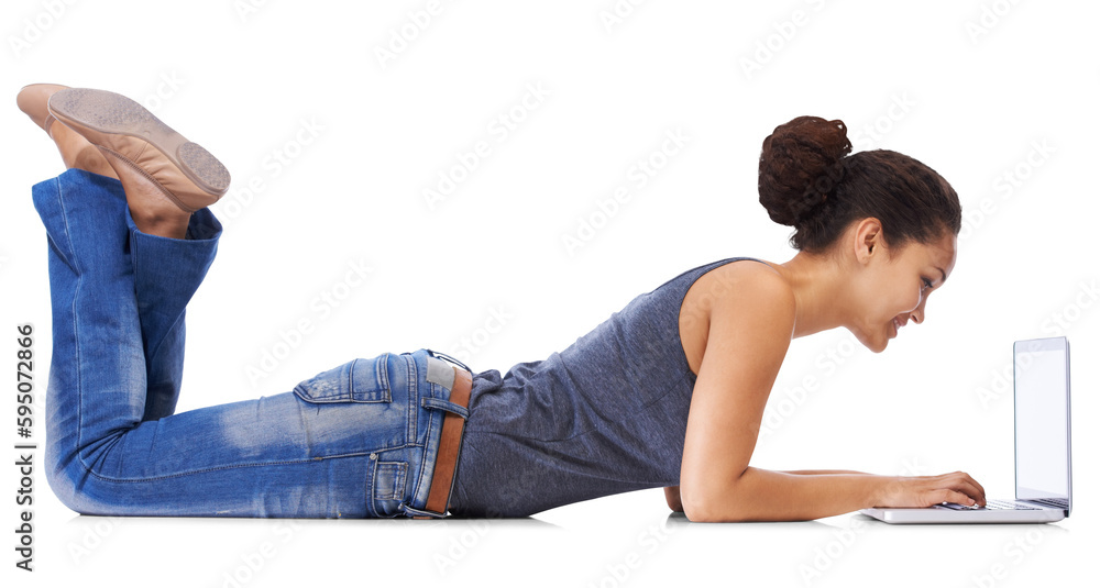 Laptop, relax and a woman lying down isolated on a transparent ...