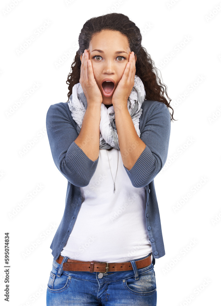 Wow, omg and woman with hands on face and mind blown on isolated ...