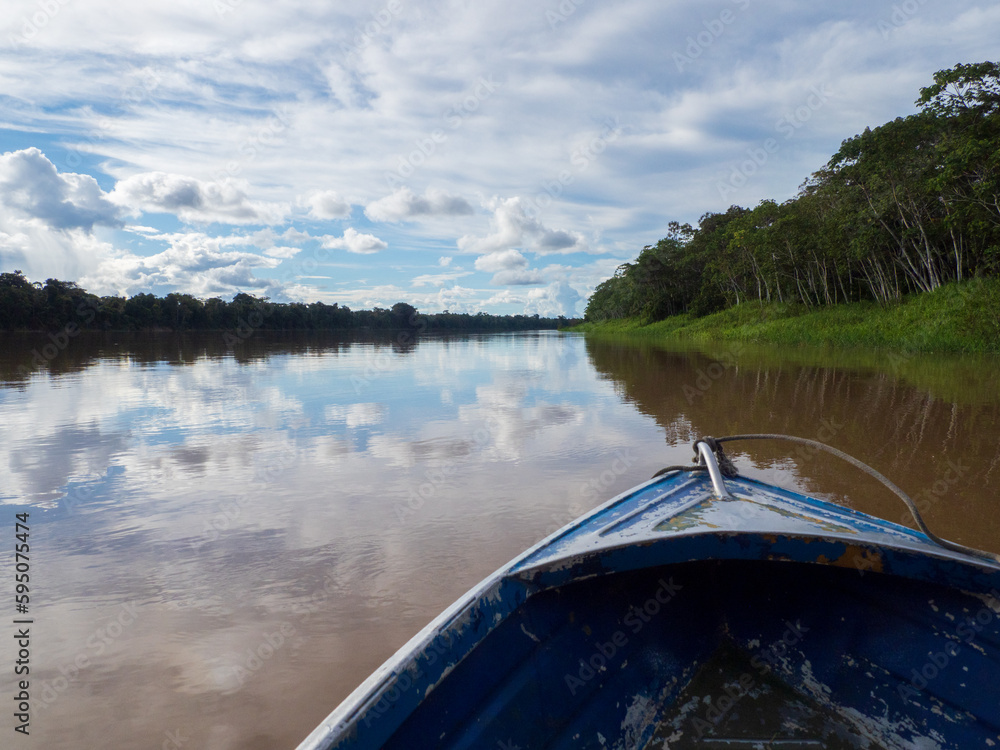 Travelling by boat into the depth of Amazon during the hight water ...