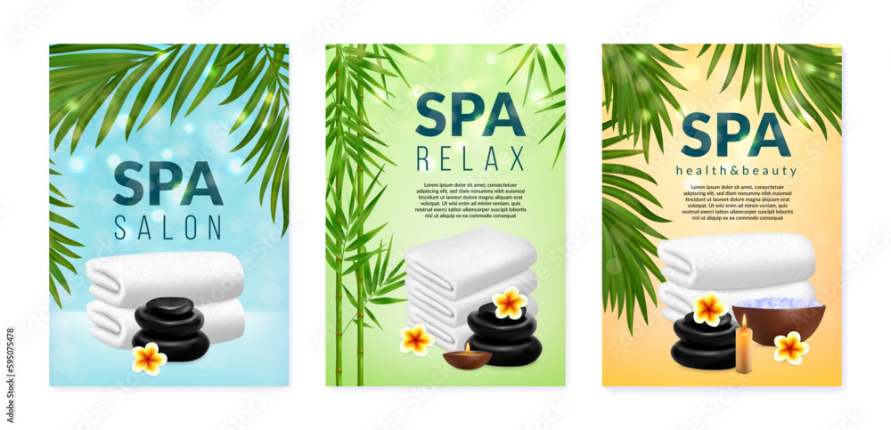 Realistic spa posters. Salon wellness. Realistic towel and massage ...