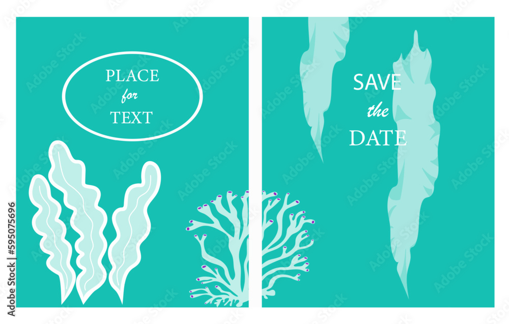 Seaweed wedding card. Spa or sea restaurant menu cover. Cards or ...