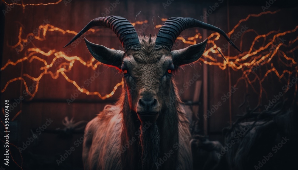 Satanic goat exorcism scary background concept with red lightning ...