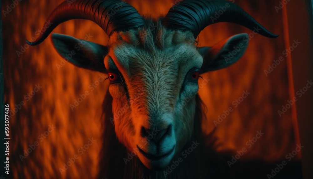 Satanic goat exorcism scary background concept with red lightning ...