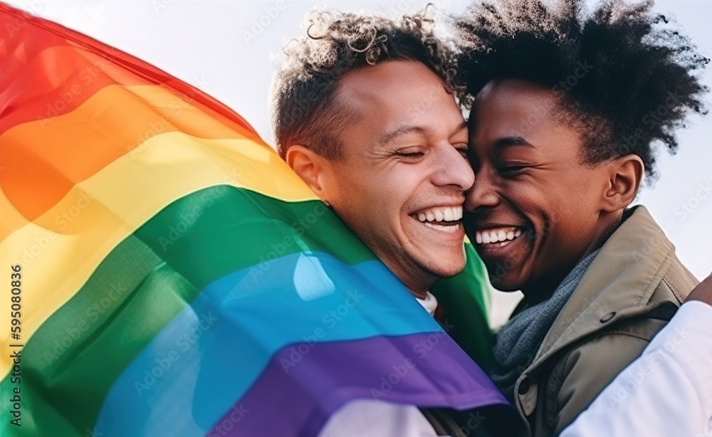 Happy homosexual men or gay couples are embracing and smiling together ...
