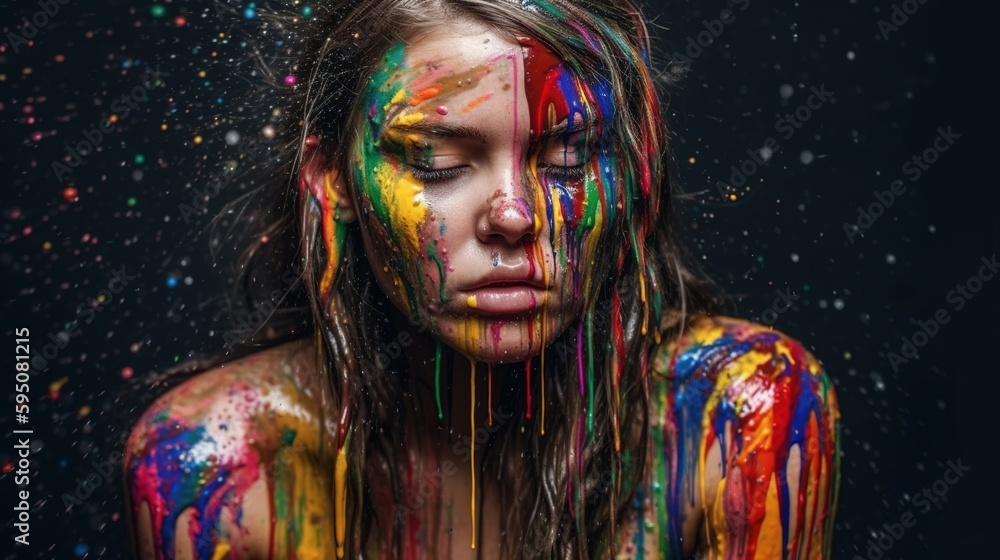 Fashion photography of the woman with the paint splattered on her face ...