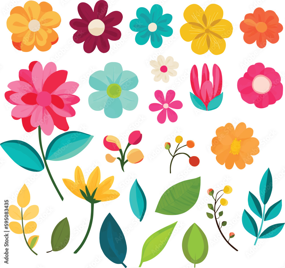 Colorful Floral Clipart Set - Whimsical Spring Flowers, Leaves, and ...