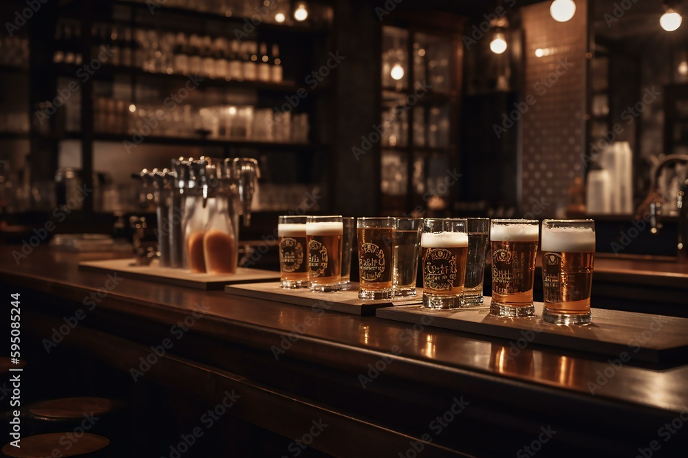 Glasses of beer on the bar counter. British pub with beer. Generative ...