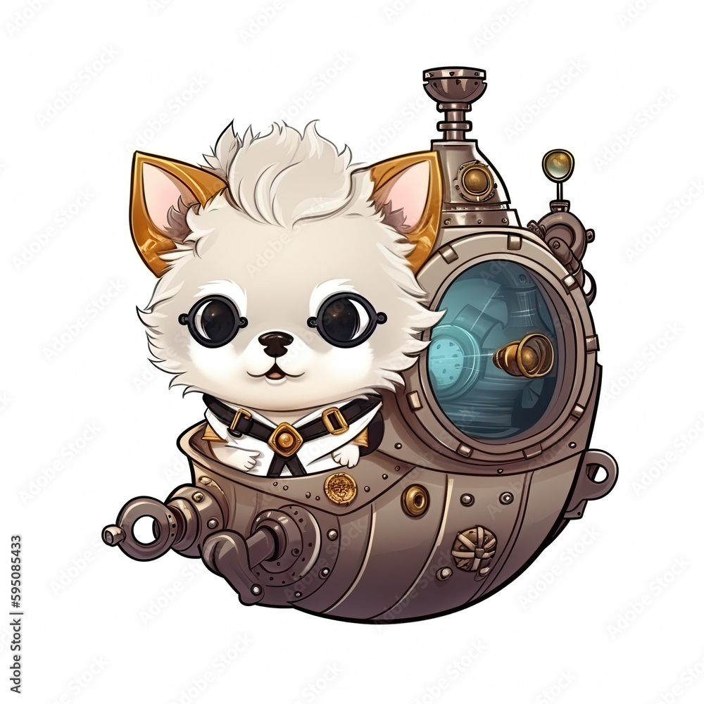Cute white dog in steampunk submarine, u-boat, cartoon chibi style, AI ...