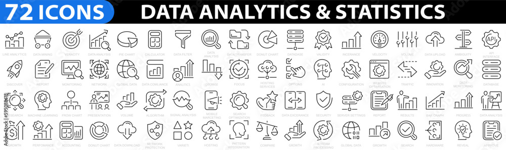 Data analytics & Statistics 72 icon set. Data processing. Technology ...