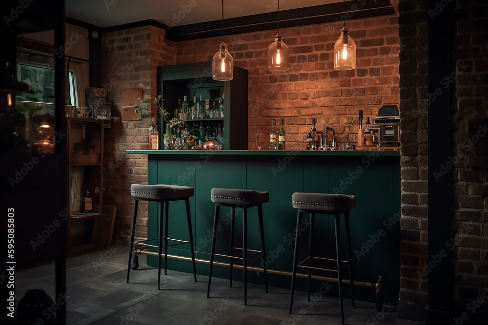 British pub green bar counter with alcohol on shelves with bar stools ...