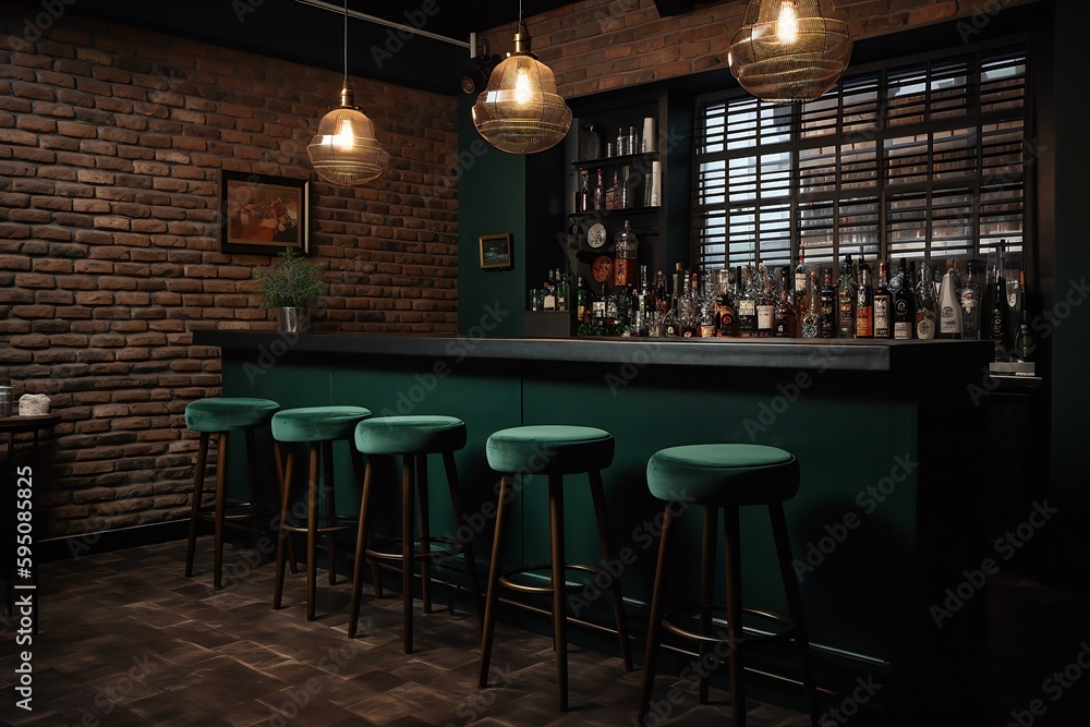 British pub green bar counter with alcohol on shelves with bar stools ...