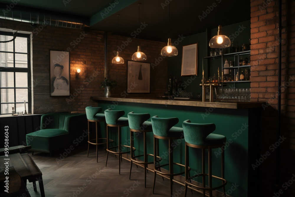 British pub green bar counter with alcohol on shelves with bar stools ...