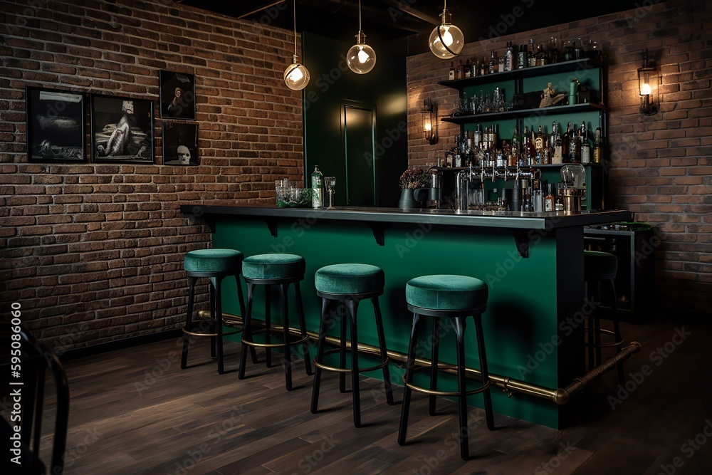 British pub green bar counter with alcohol on shelves with bar stools ...