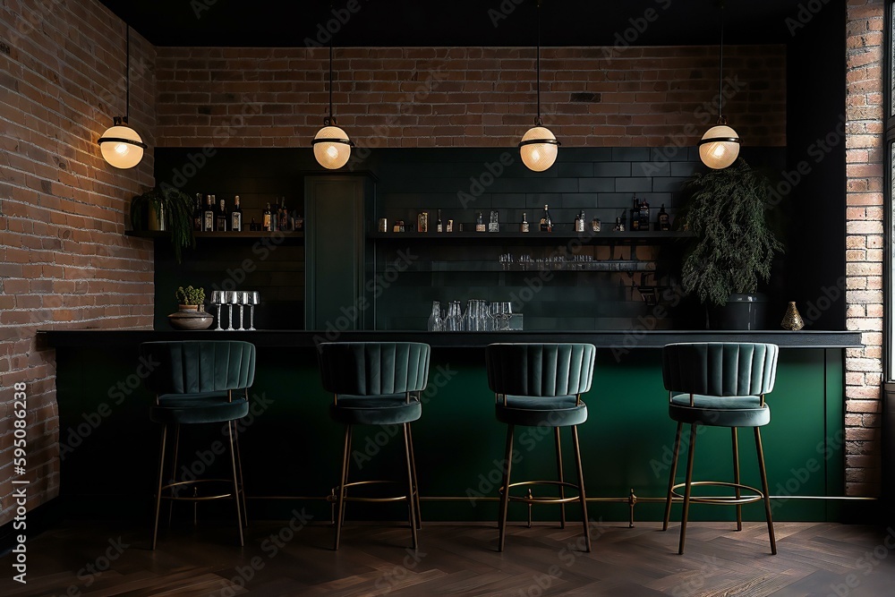 British pub green bar counter with alcohol on shelves with bar stools ...