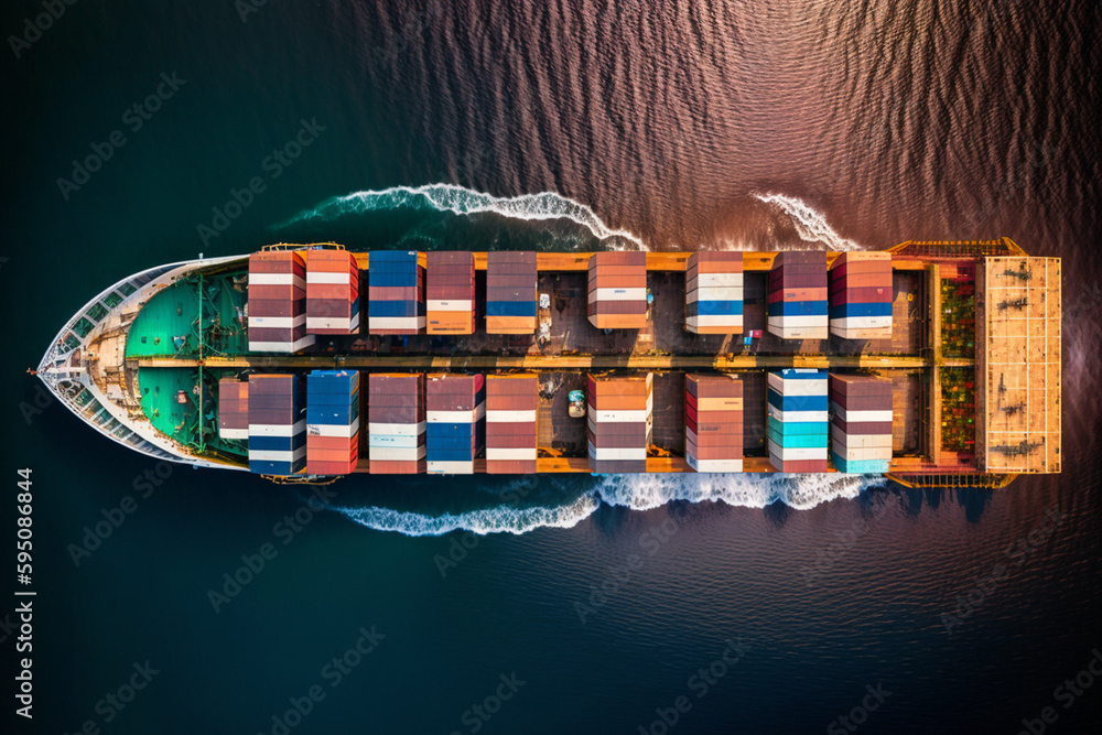 Aerial view of a cargo ship with contrail over the ocean, carrying ...
