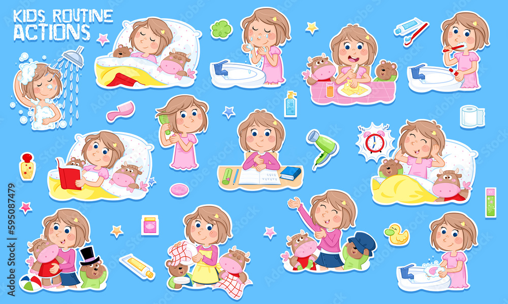 Learning concept - Daily routine of a little girl with light brown hair ...