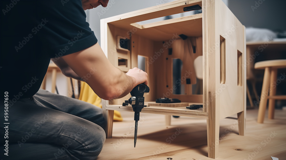 A person assembling furniture with a screwdriver and allen wrench, with ...