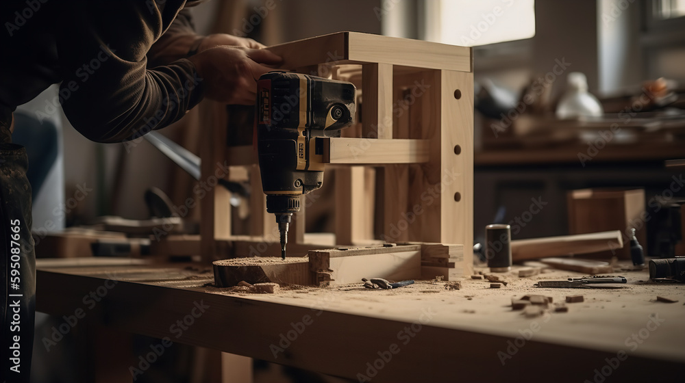 Hands of a person assembling furniture, with the focus on the tools and ...