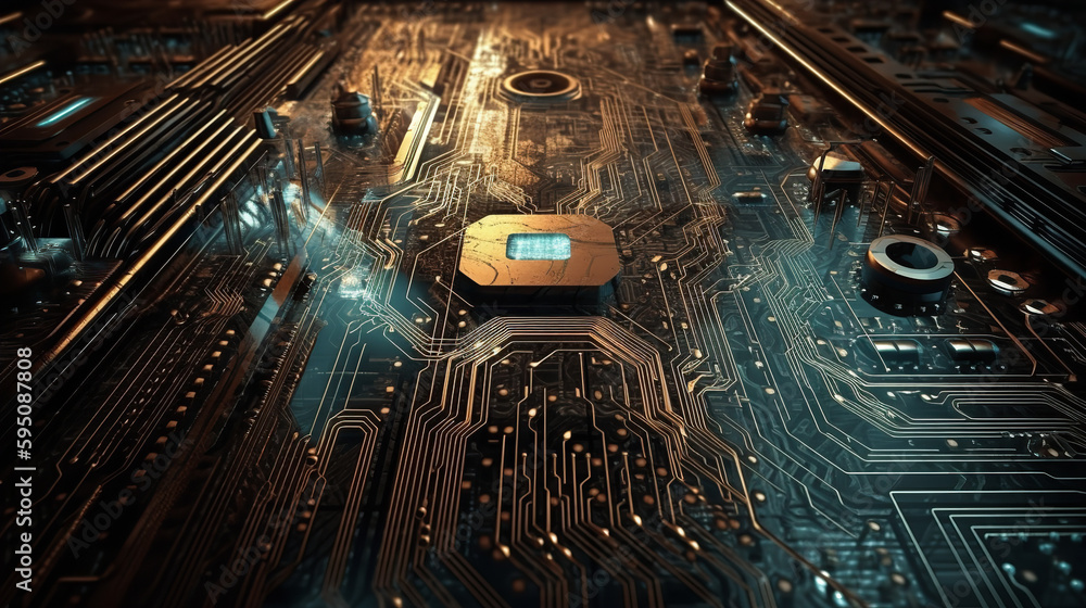 A high-tech background with metallic textures, circuitry patterns, and ...