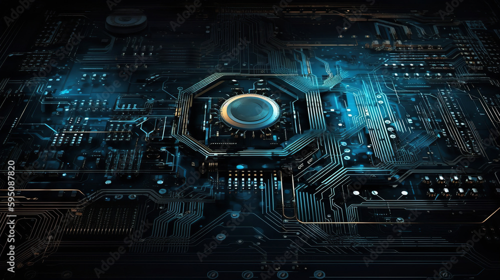 A high-tech background with metallic textures, circuitry patterns, and ...