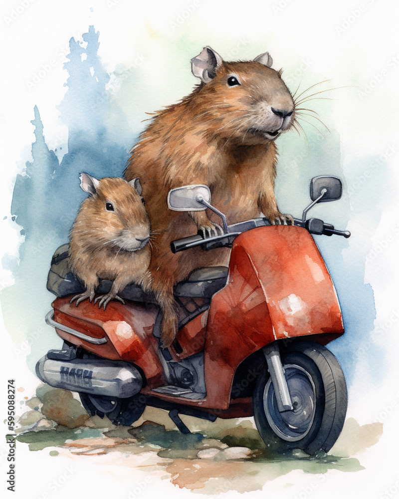 Generative AI, watercolor illustration of a small and large capybara on a motorcycle, bikers ...