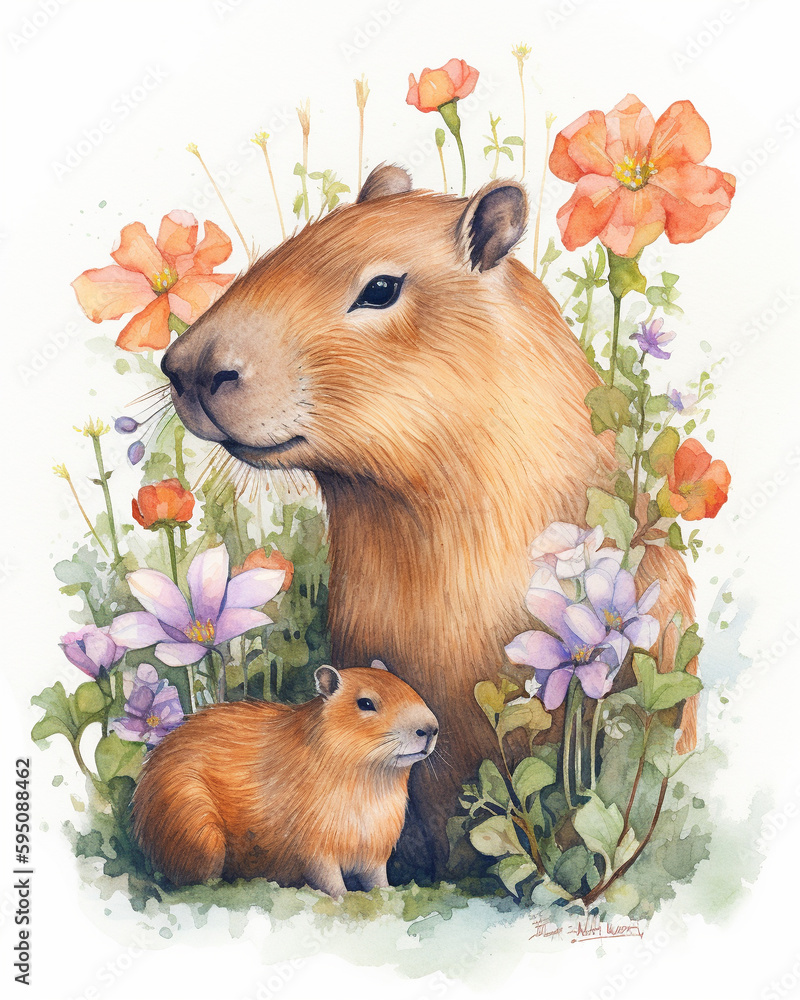 Generative AI, watercolor illustration of small and large capybaras ...