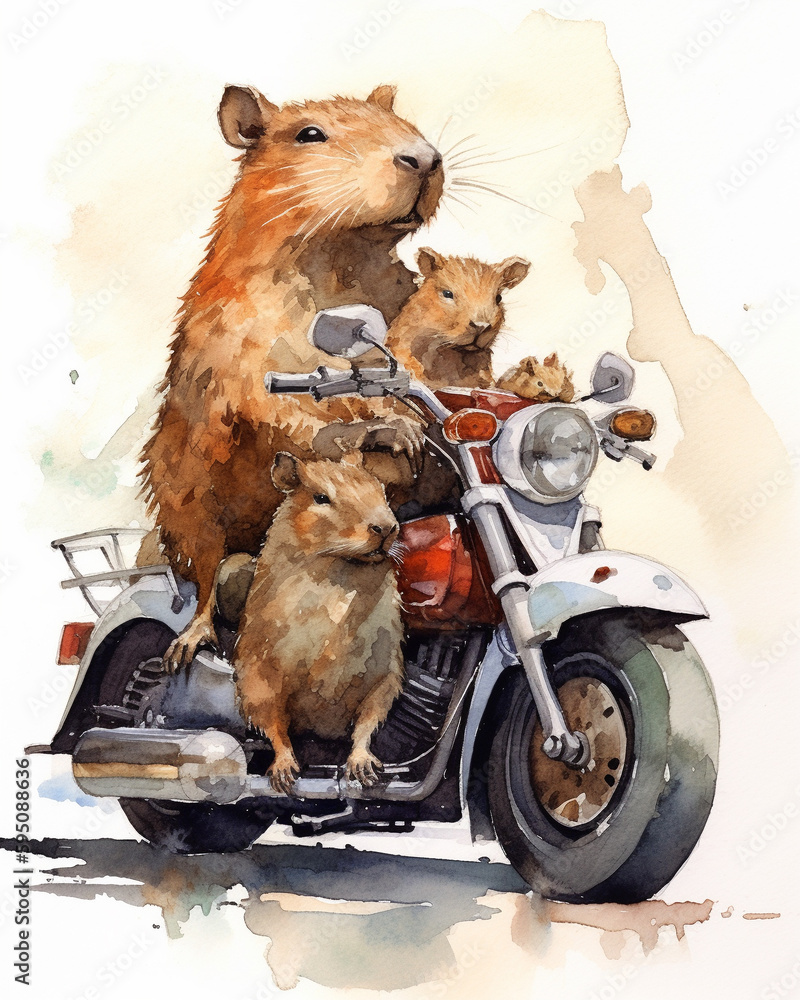 Generative AI, watercolor illustration of a small and large capybara on ...