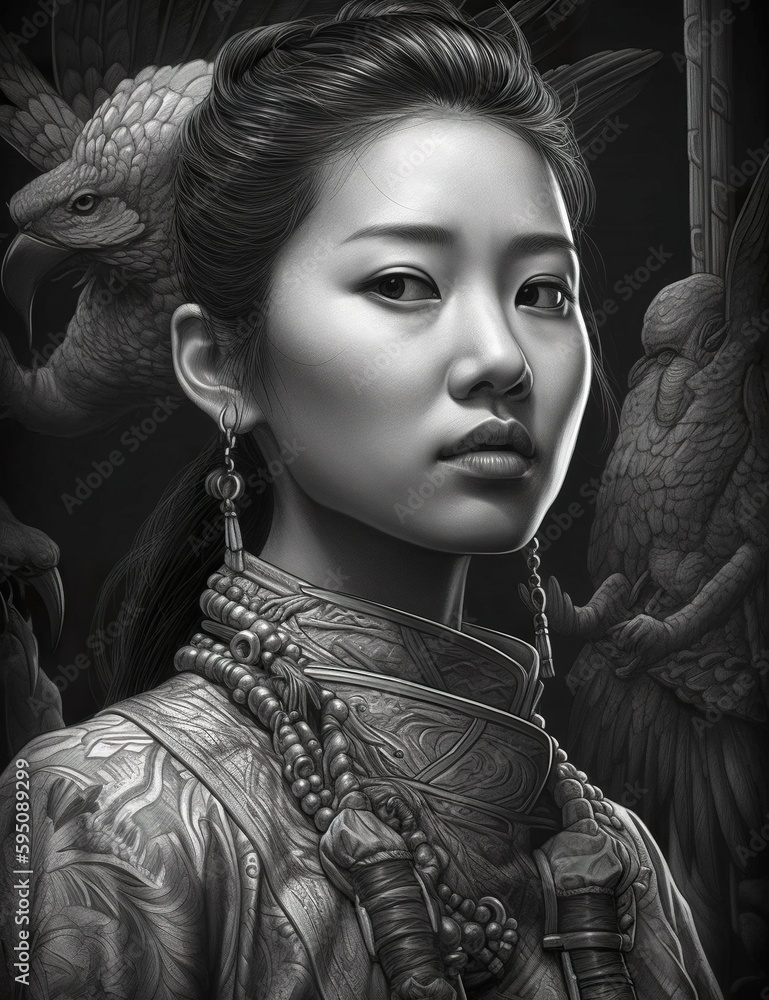 Fantasy character with Asian influences, black white illustration ...