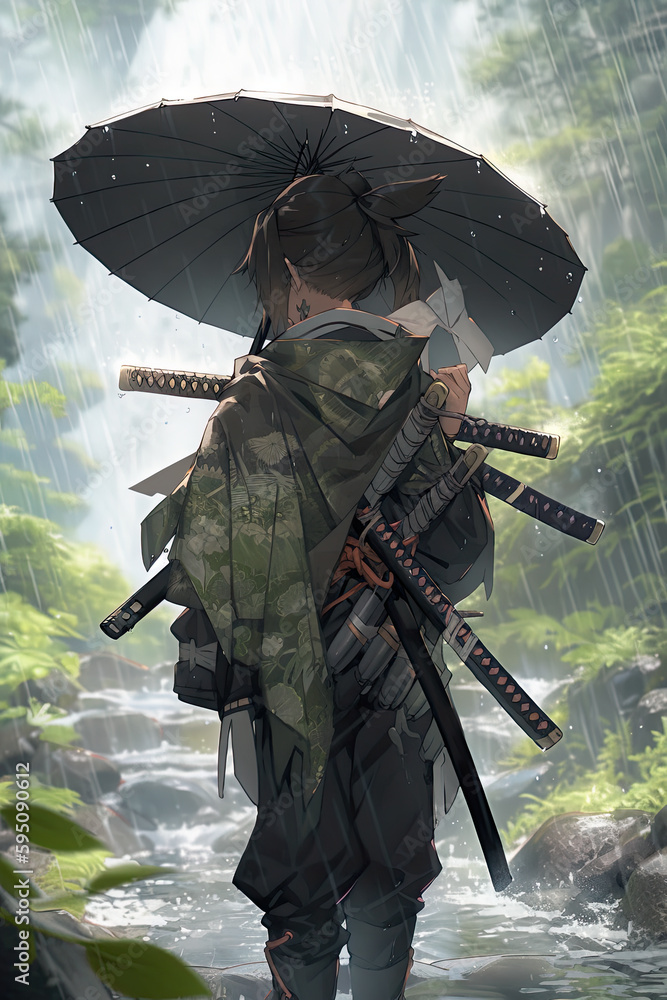 Striking anime-style samurai virtual idol, vtuber, or digital character ...