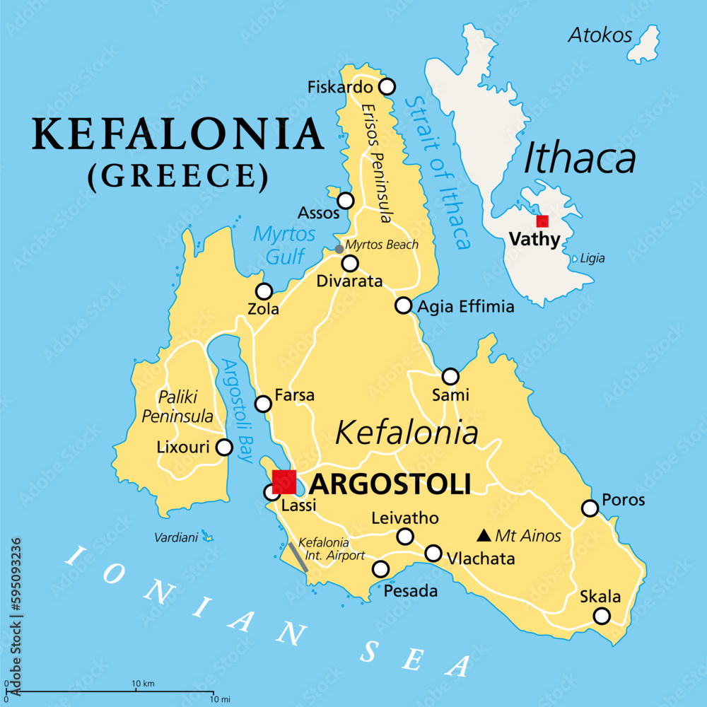 Kefalonia, Greek island, political map. Also known as Cephalonia, Kefallinia or Kephallenia, the ...