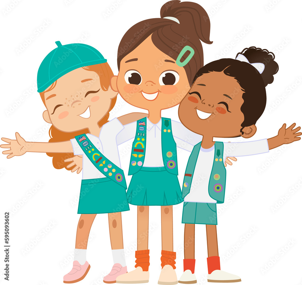 Happy multi ethnic multi aged girls scout hug. Girls Scout happily hug ...