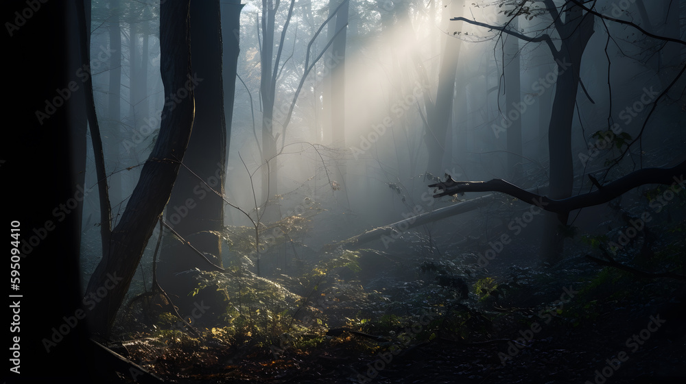 Atmospheric image of a fog-shrouded forest, still image, with the ...