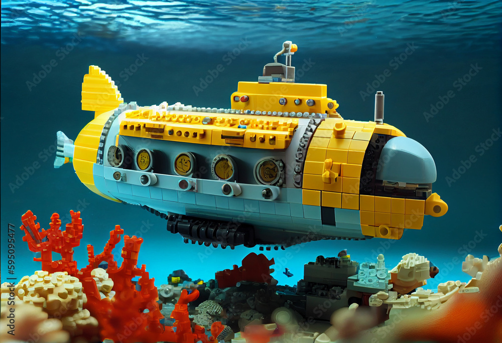 Submarine made from blocks. AI generative. Underwater view. Stock ...