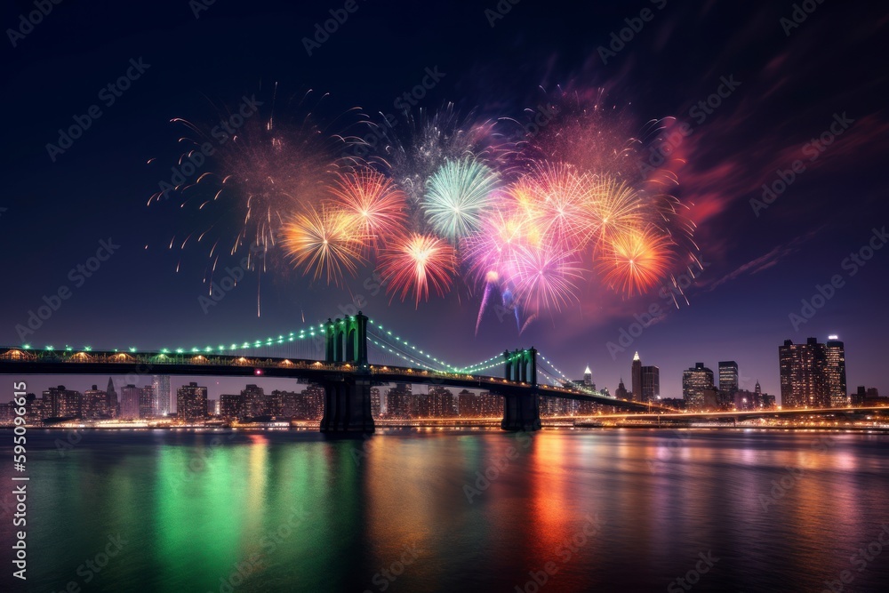 celebration over bridge, fourth of july fireworks in the sky, proud USA ...
