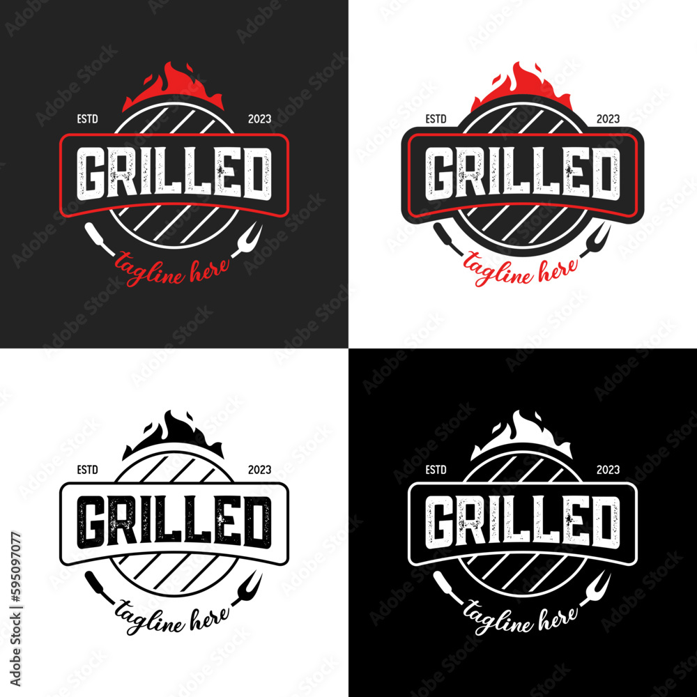 Grill Logo design vector. An emblem logo consisting of grill, fork and ...
