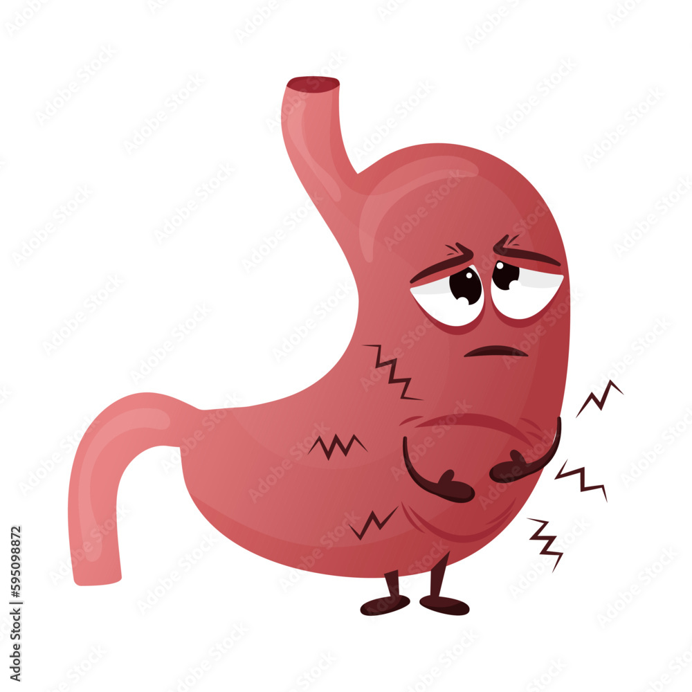 Cartoon stomach character. Concept diseased internal organ, overeating ...