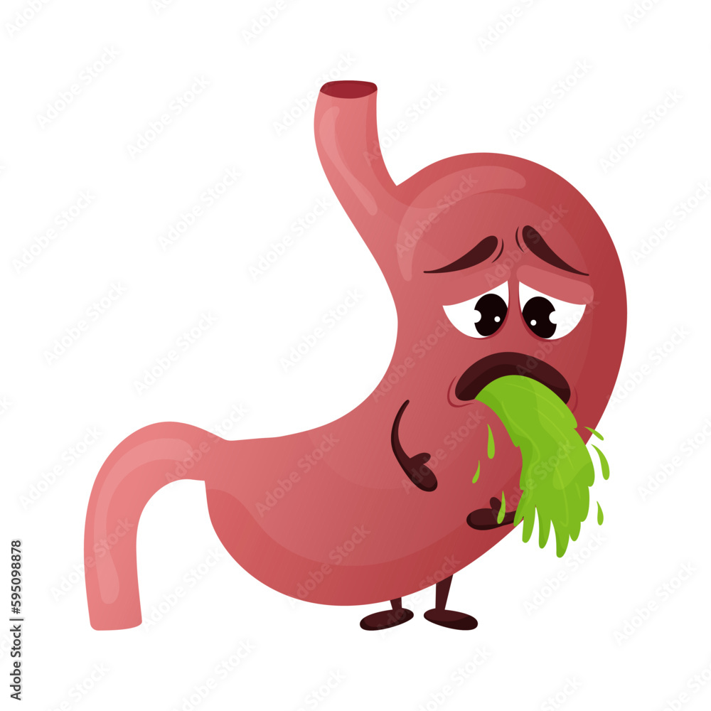 Cartoon stomach character. Concept diseased internal organ, vomiting ...