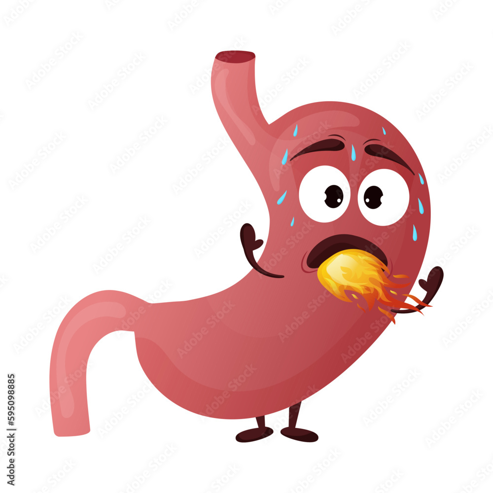 Cartoon stomach character. Concept sick internal human organ, heartburn ...