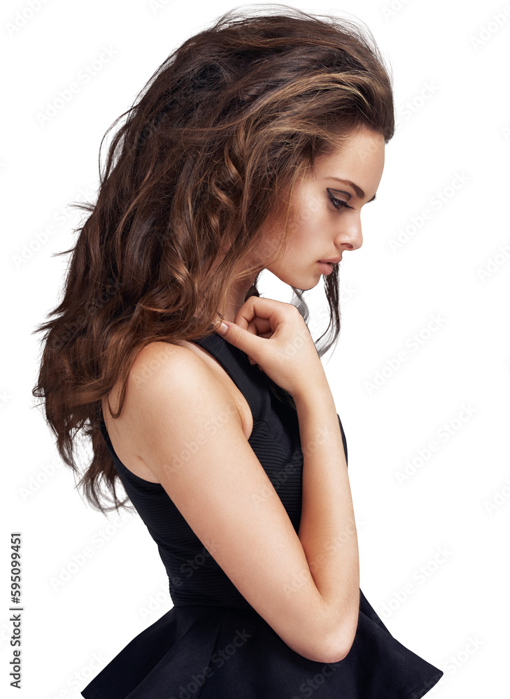 Fashion, hair and side profile of woman with makeup for trendy, stylish ...