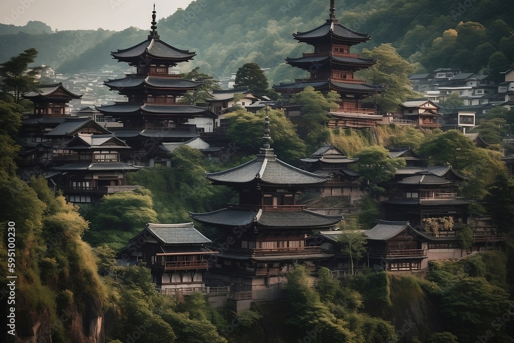 Japanese City in the Mountains, Temples, Houses, Nature, Created using ...