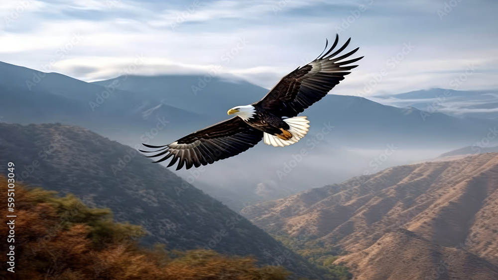 bald eagle soaring high above a breathtaking mountain range ...